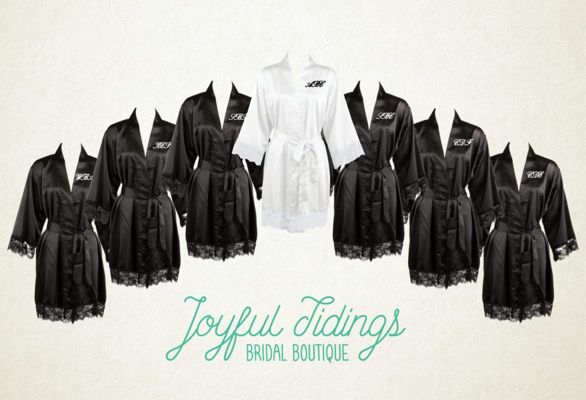 FREE ROBE Set of 7+ Personalized Black Satin Lace Kimono Robes – Joyful ...